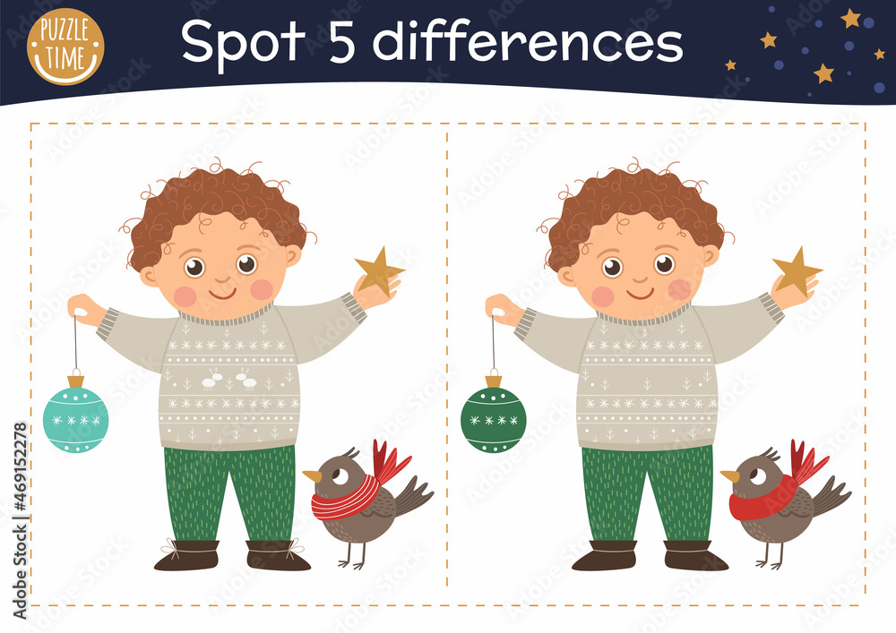 Christmas find differences game for children. Winter educational ...