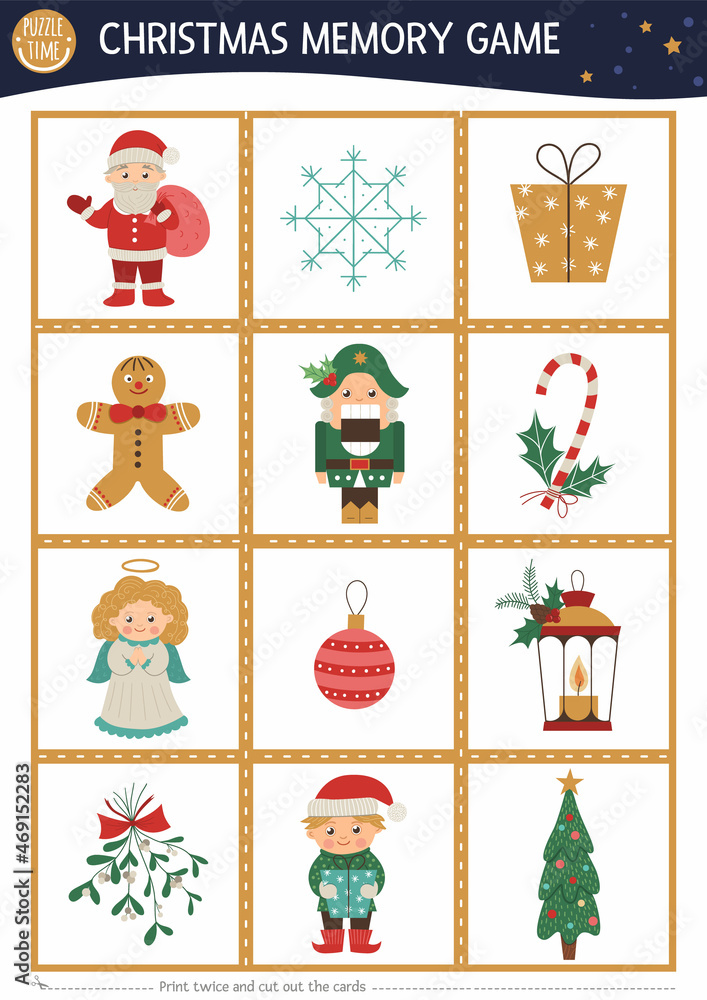 Christmas memory game cards with traditional holiday symbols. Matching ...