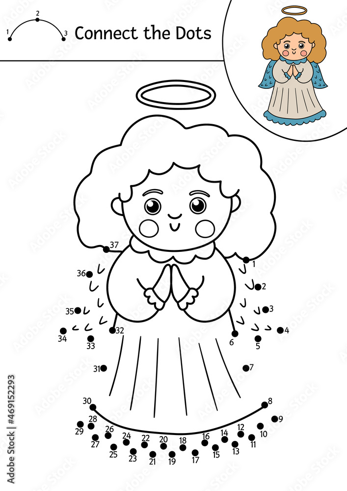 Vector Christmas dot-to-dot and color activity with cute angel. Winter ...