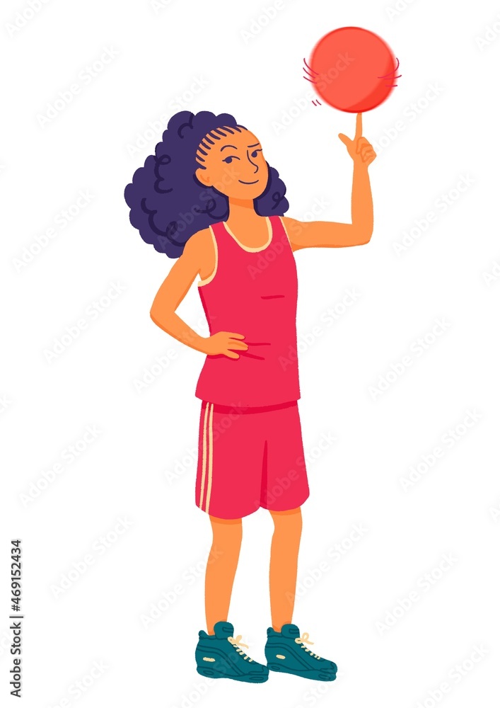 Basketteuse en tenue de basket qui fait tourner un ballon sur son doigt ...