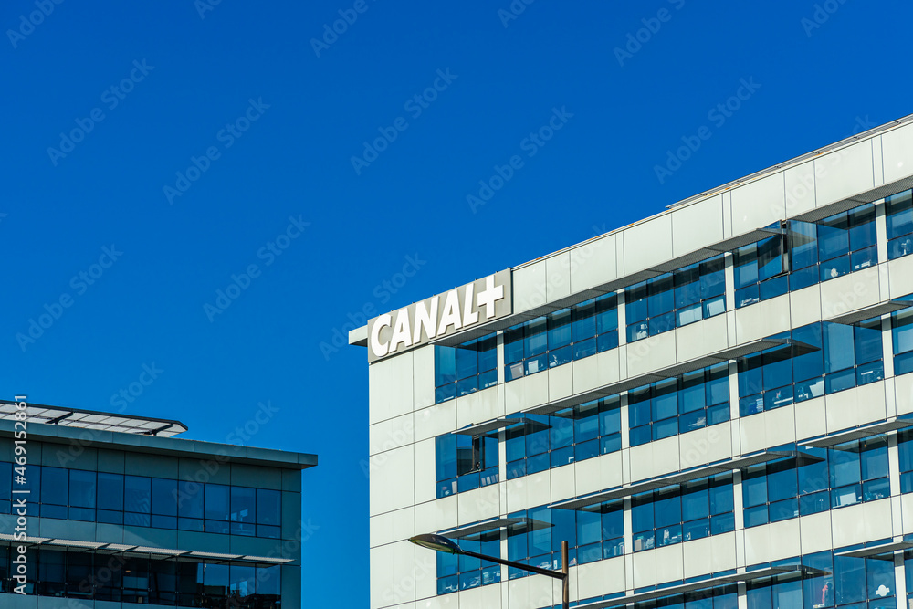 Canal+ logo on the facade of Canal Plus headquarters and studios ...