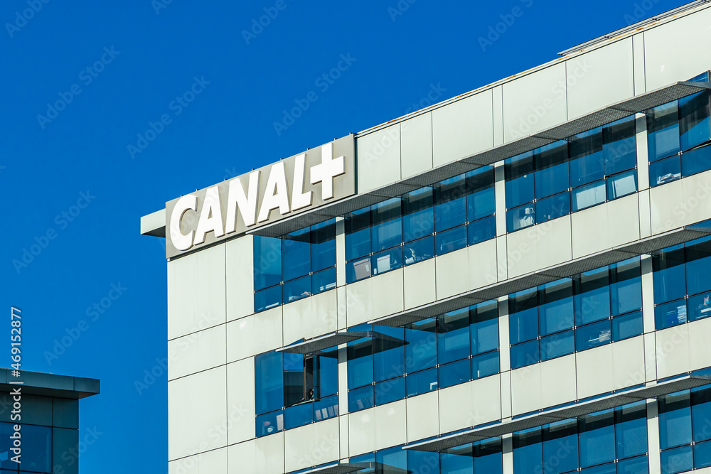 Canal+ logo on the facade of Canal Plus headquarters and studios building near Paris Stock Photo ...