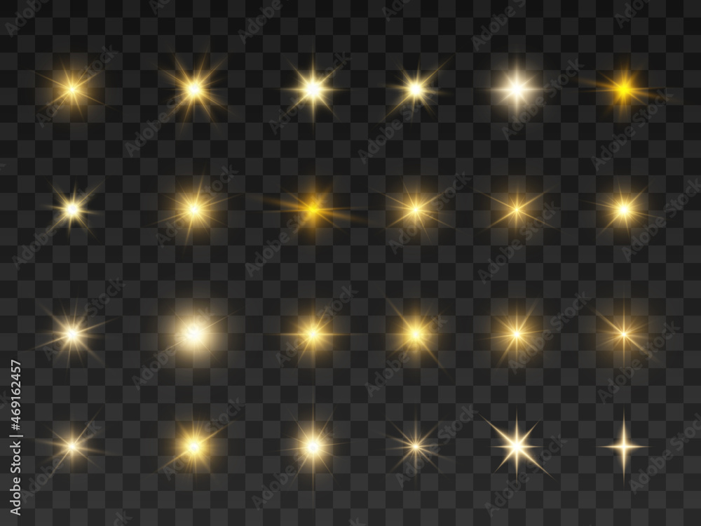 Realistic collection of bright light effects, sparkling stars on a transparent background ...