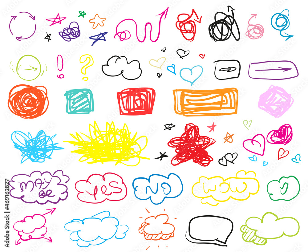 Big set of different signs. Hand drawn simple colored symbols for ...