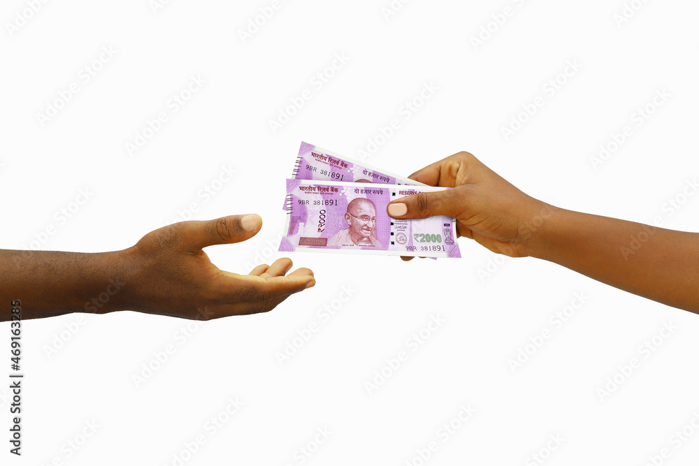 Hand giving 3D rendered Indian rupee notes to another hand. Hand ...
