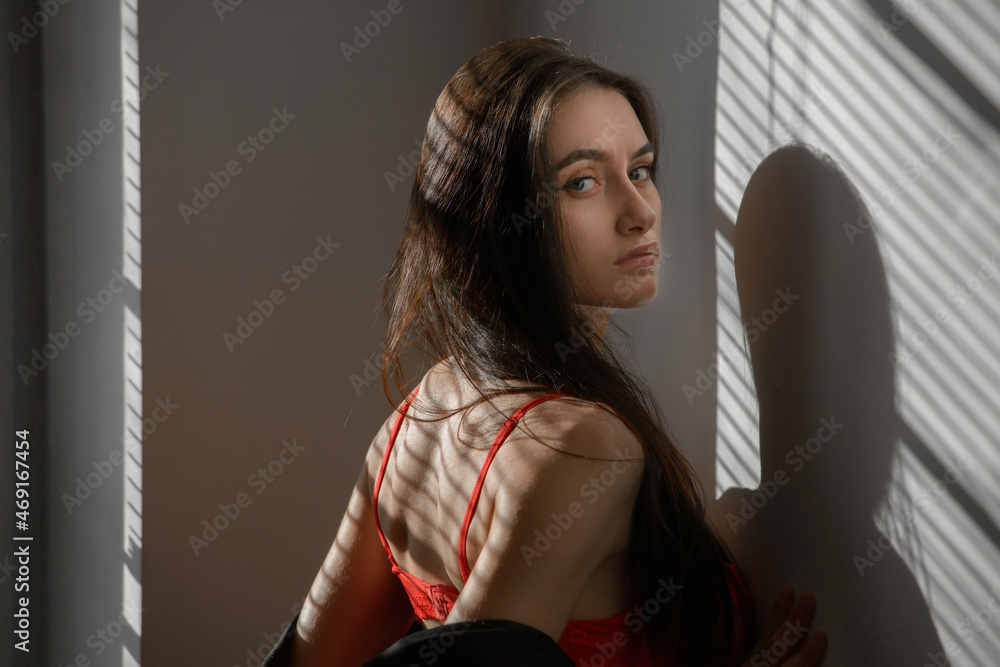 Young brunette woman in red lingerie posing in a sunshine Stock Photo | Adobe Stock