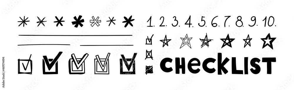 Doodle checklist with check marks, asterisks and numbers. Hand drawn ...