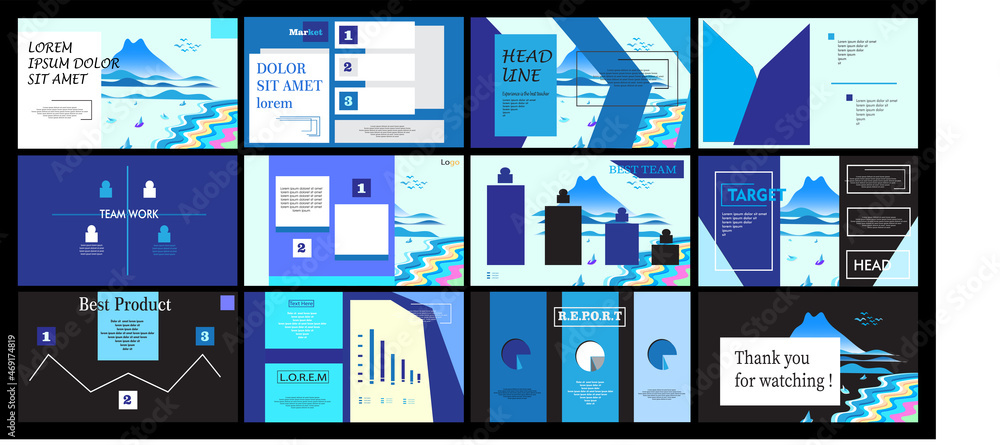 Powerpoint template set in blue and black colors. Interface ...