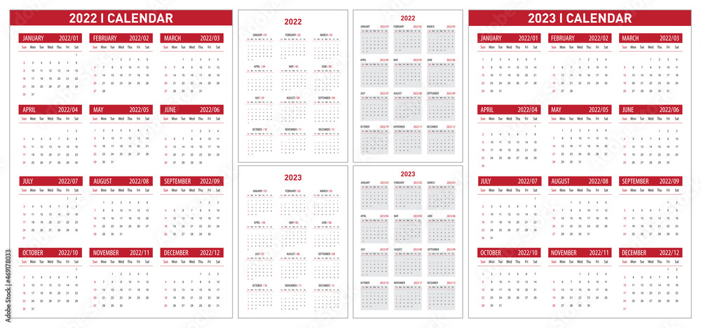 Vector illustration of calendars for 2022 and 2023, start of week on ...