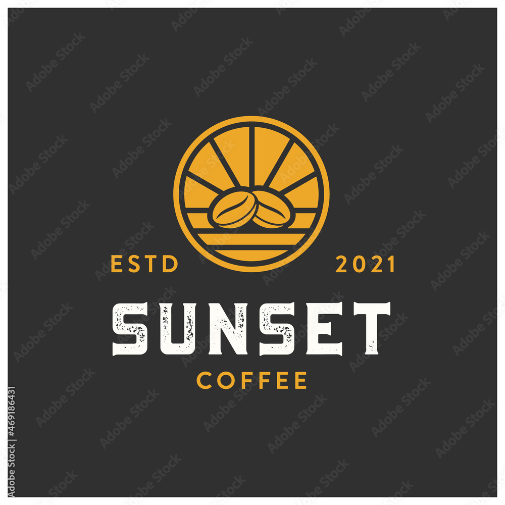 coffee logo with sunrise, sunset and sea water in modern outline line ...