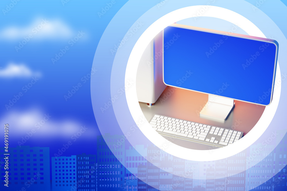 Computer template. Visualization of monitor on background of city ...