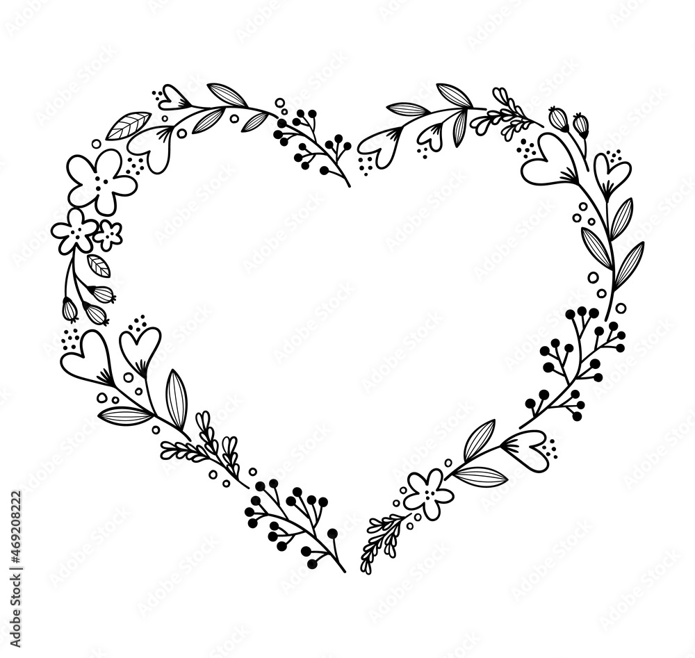 Floral heart shape frame. Decorative frame design with flowers and ...