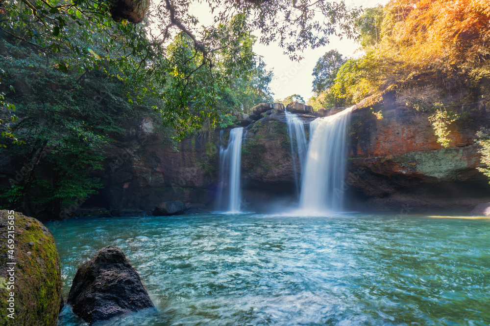 Beautiful waterfall with sunlight in jungle, Haew Suwat Waterfall at ...