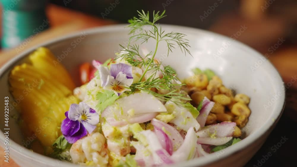 Cinematic slow motion close up shot of a chef completing the peruvian ...