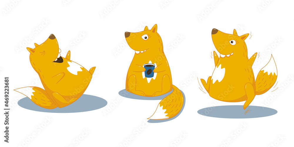 Cute fox cartoon vector character set. Happy, laughing and drinking ...