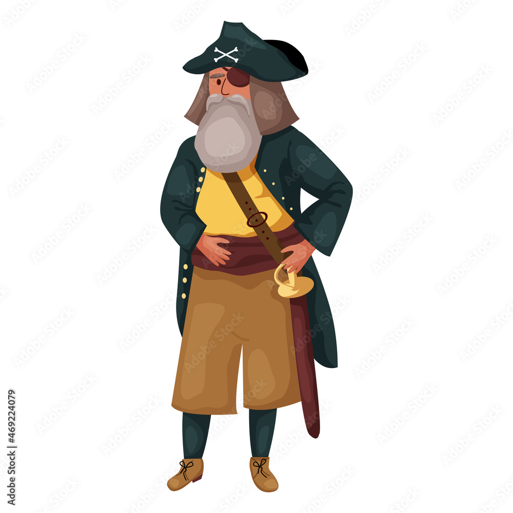 Old Pirate captain in a suit, in a triangular hat and with a sword ...