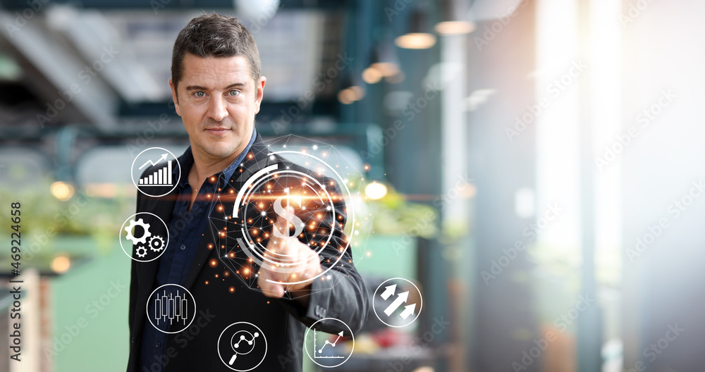 Trader or business man standing and showing virtual hologram graph and ...