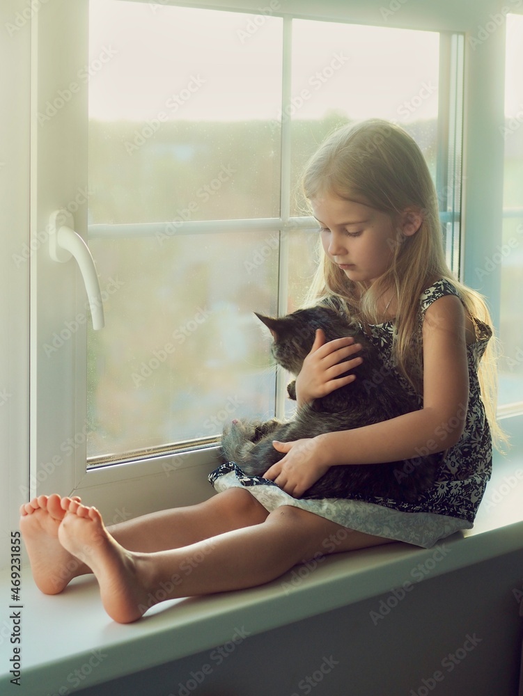 Cute little girl sitting on windowsill with fluffy cat. Best friends ...