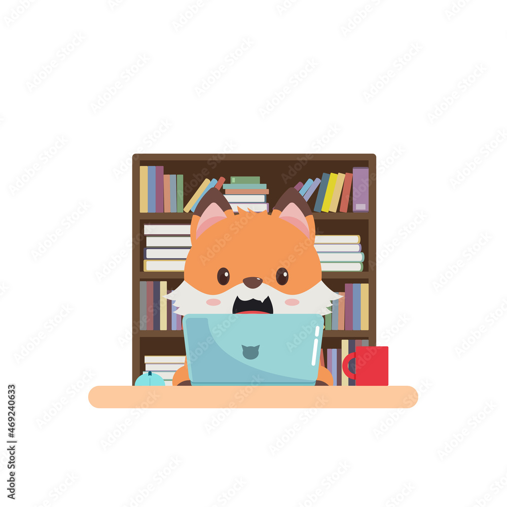 Kawaii, a Cute fox animal using a computer for working or studying ...