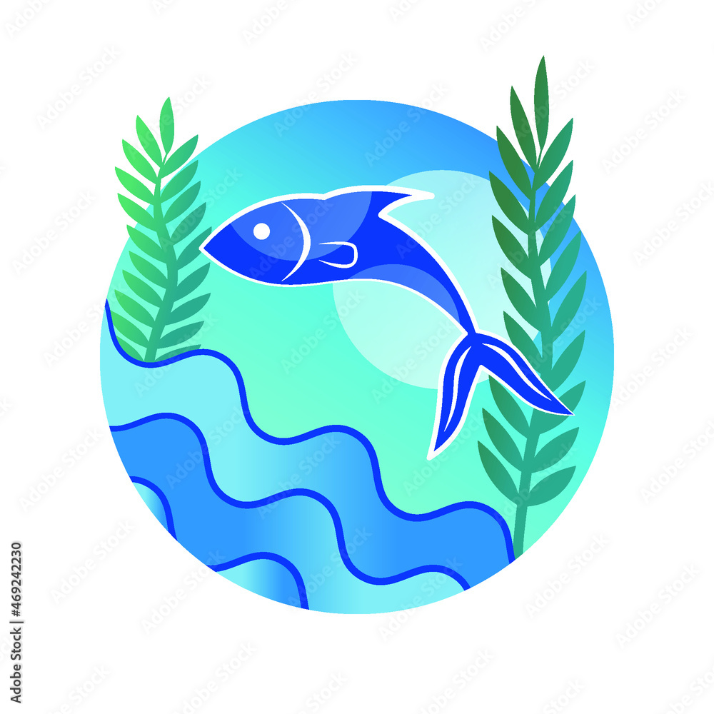 Fish logo icon. Blue fish and sea waves. Fish jumping out of the water ...