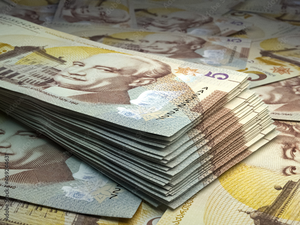 Georgian money. Georgian lari banknotes. 5 GEL lari bills. Stock ...