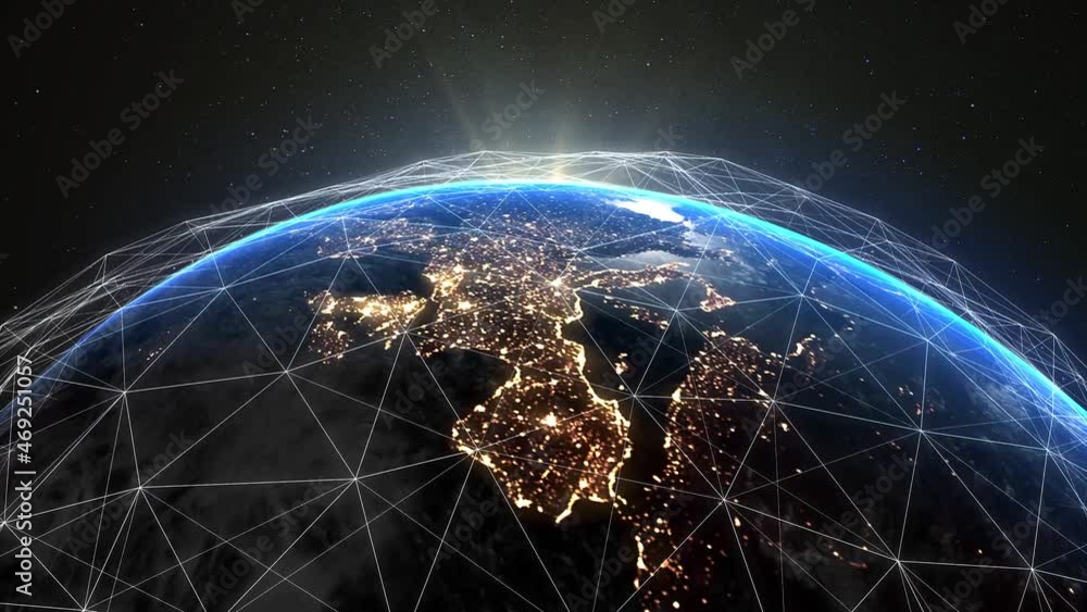 Digital grid over the surface of the night planet earth. A futuristic ...