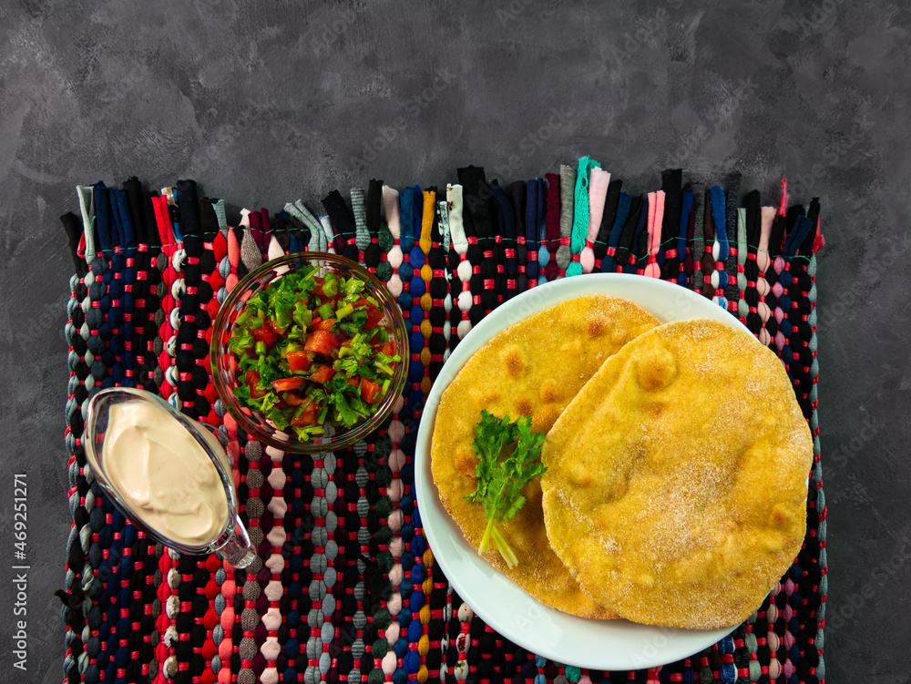 Homemade corn flatbread cilantro green tomato salsa authentic textile ...