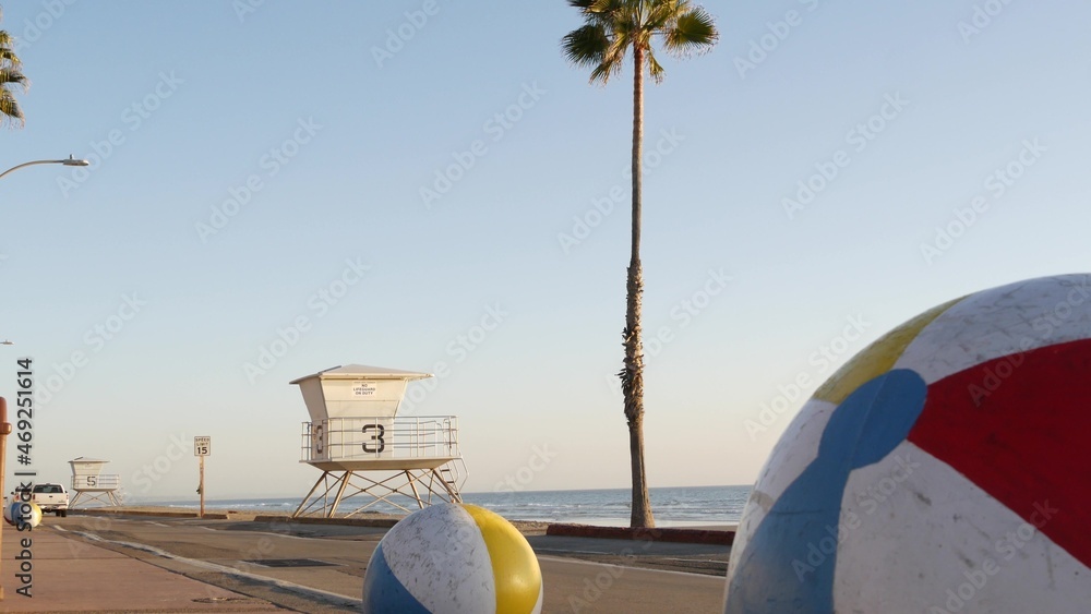 Pacific ocean beach, Oceanside California USA. Ball, lifeguard tower ...