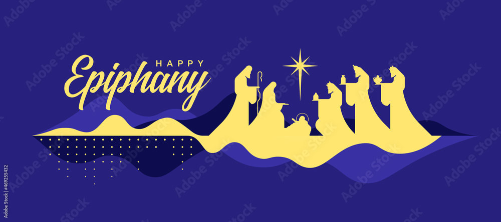 Happy Epiphany - gold nativity of Jesus scene and Three wise men on ...