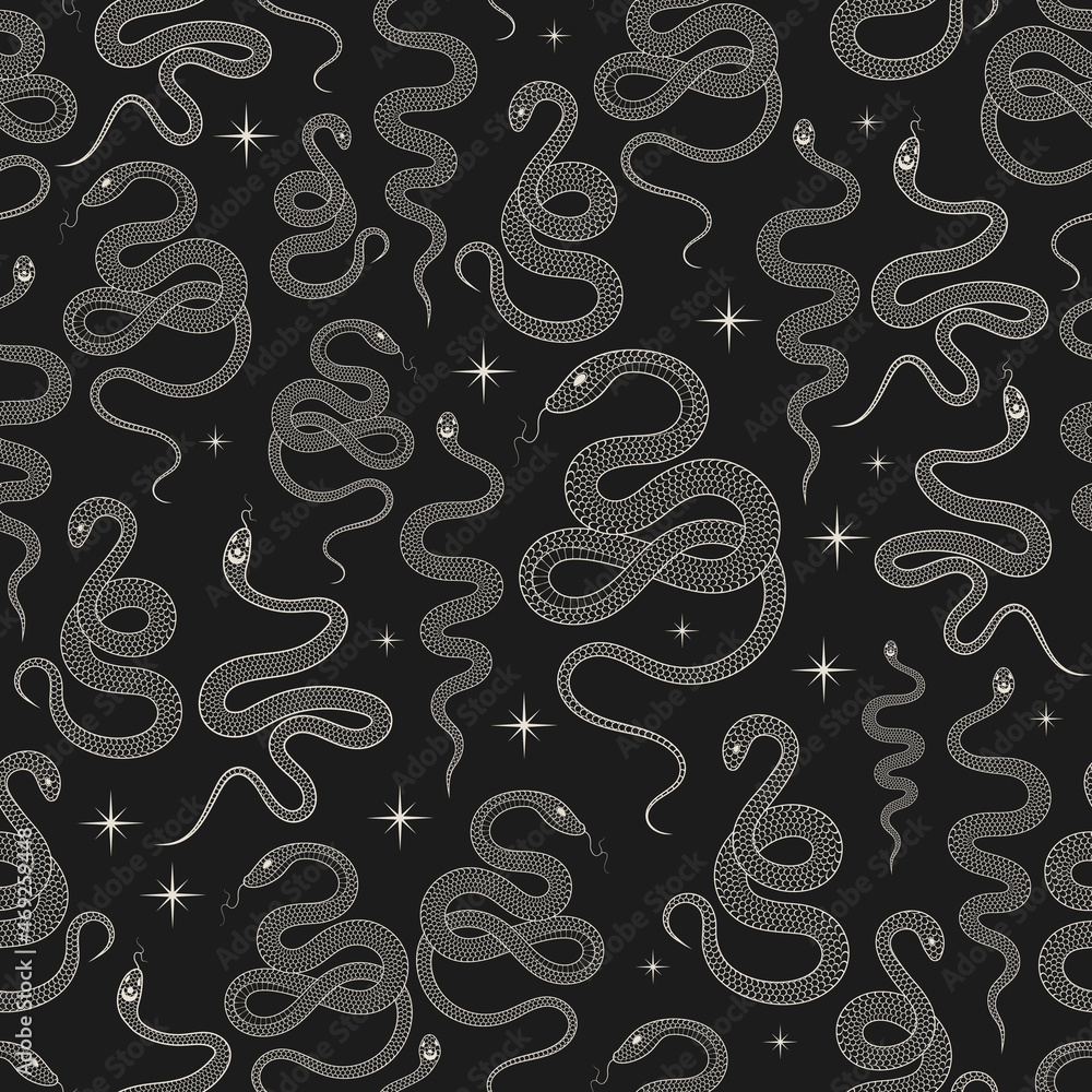 Hand drawn celestial seamless pattern with snakes and stars. Witchy ...