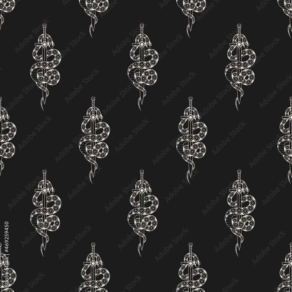 Hand drawn seamless pattern with snake wrapping around the sword ...