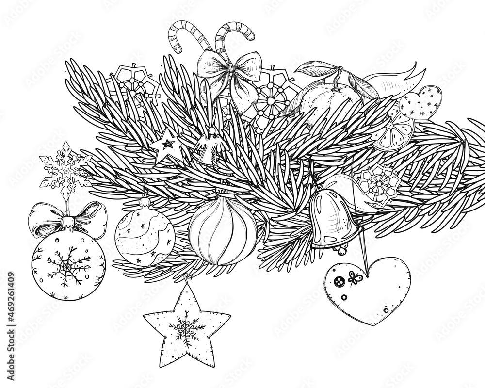 Hand drawn sketch black and white of christmas frame, coloring book ...
