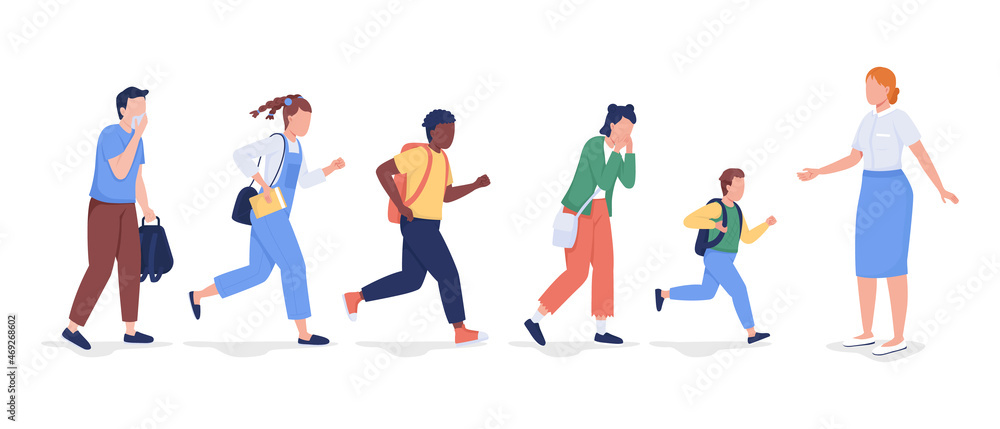 Evacuating students from school semi flat color vector characters set ...
