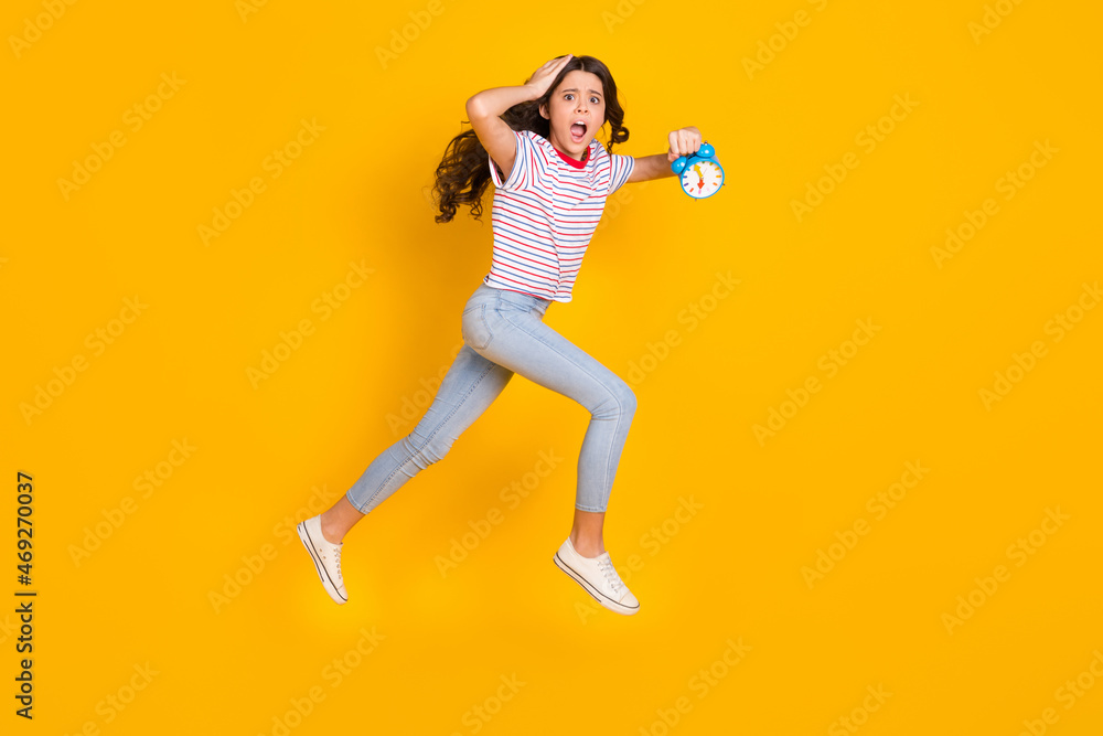 Full body profile side of young girl amazed shocked go walk run jump ...