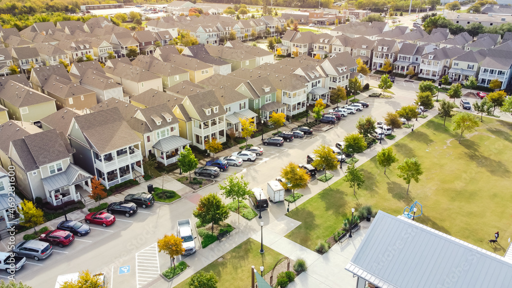 Top view new townhome cottage style houses near community park with ...