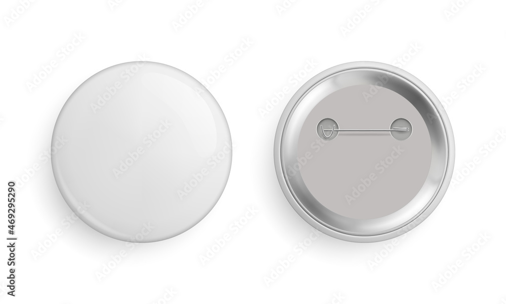 White blank round glossy metallic 3d pin button. Front and back side of ...