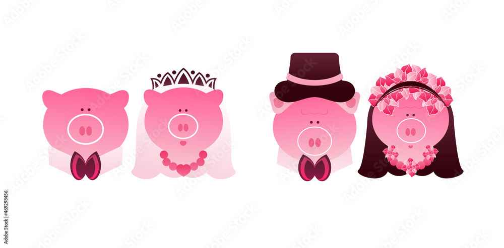 illustration of piggy couple wedding with pink color isolated white ...