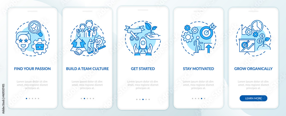 Steps to start social entrepreneurship blue onboarding mobile app page ...