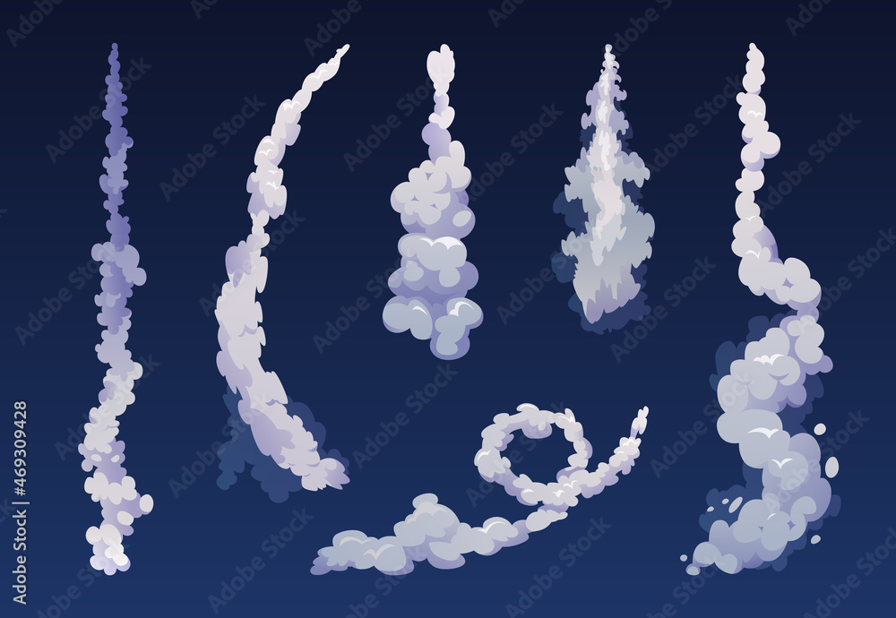Rocket trail of smoke isolated on blue. Vector plane jets track and aircraft aviation steam in ...