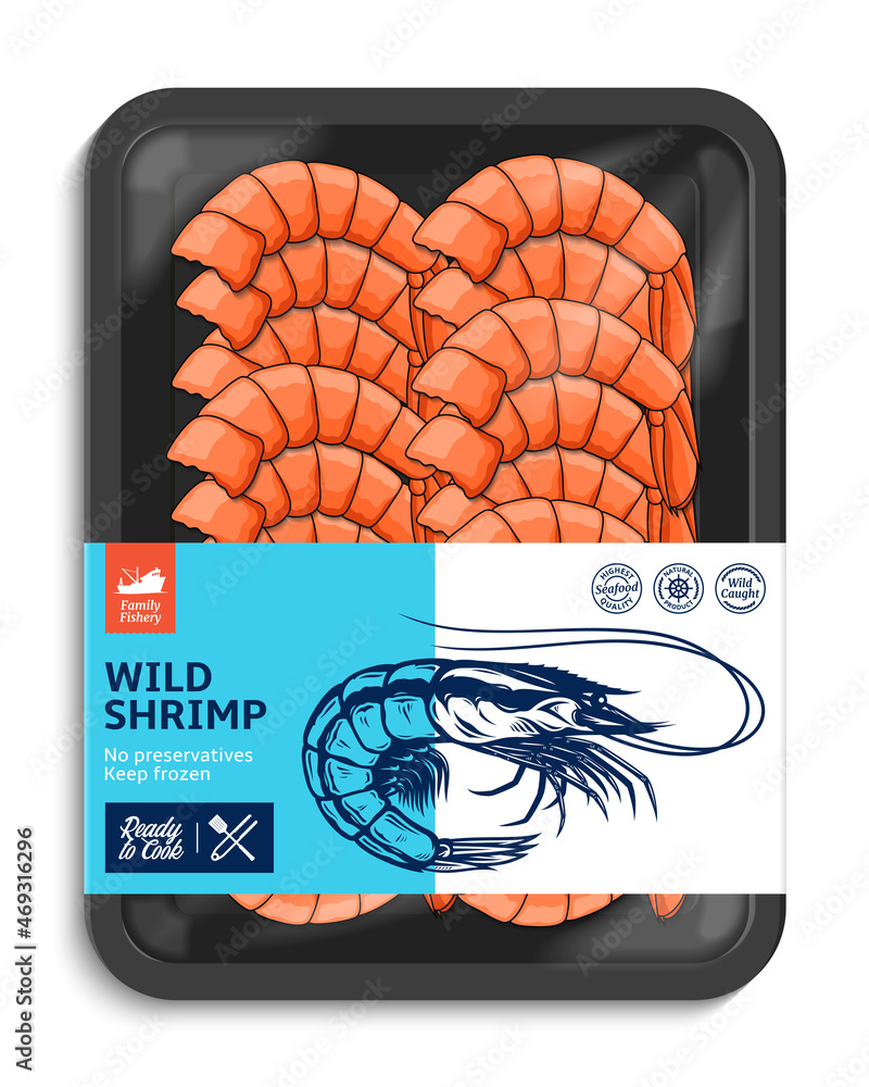 Vector shrimp label template, seafood package illustration. Prawn ...