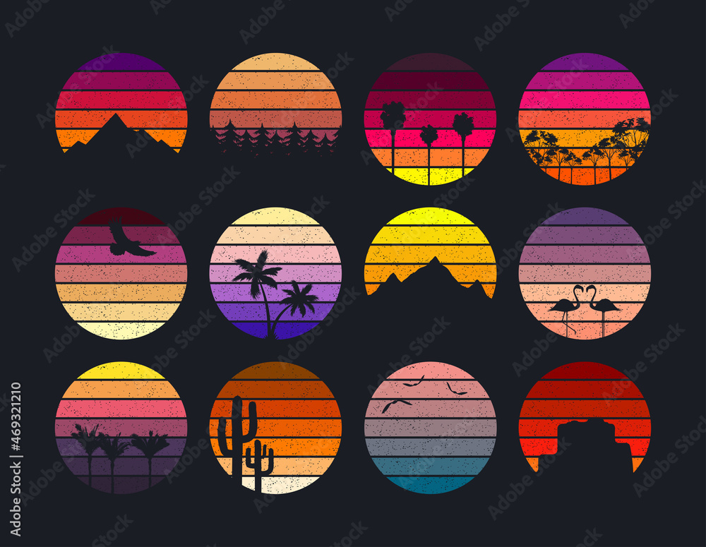 Sunset collection with grunge in retro style for print. Vintage sunsets ...