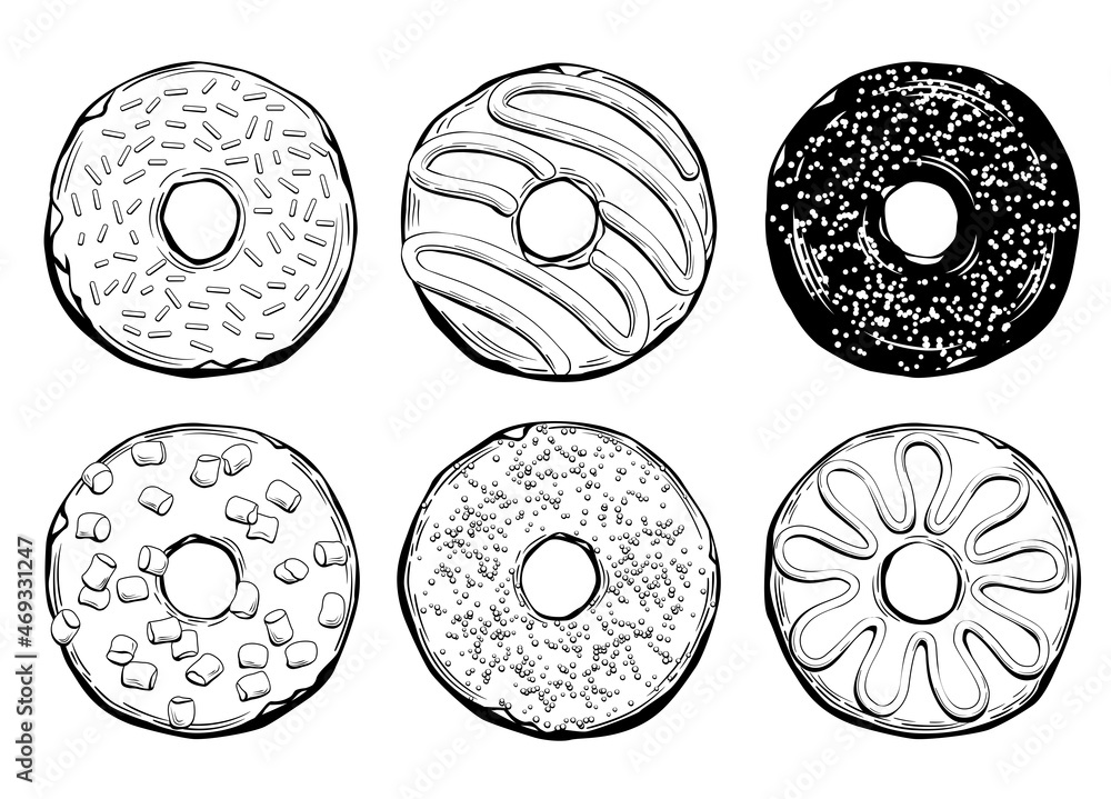 Vector Set of Hand Drawn Illustrations of Donuts. Vintage Style Line ...