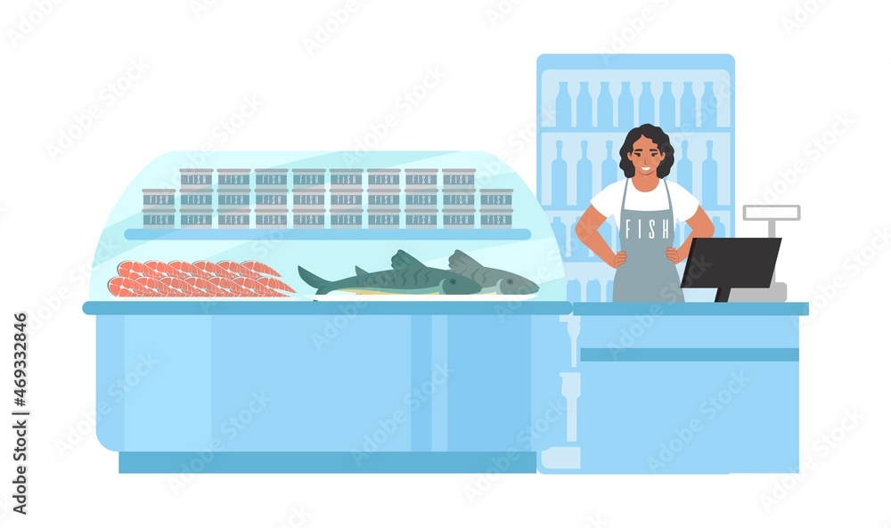 Fish store, market. Supermarket, grocery store seafood section ...