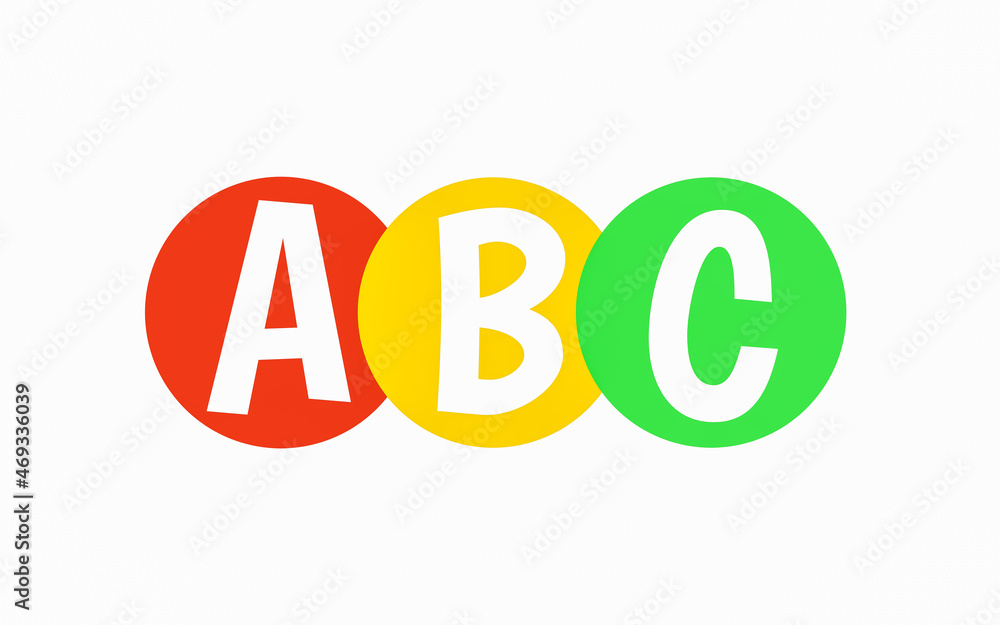 Three circle blocks with three different colours having letters A, B ...