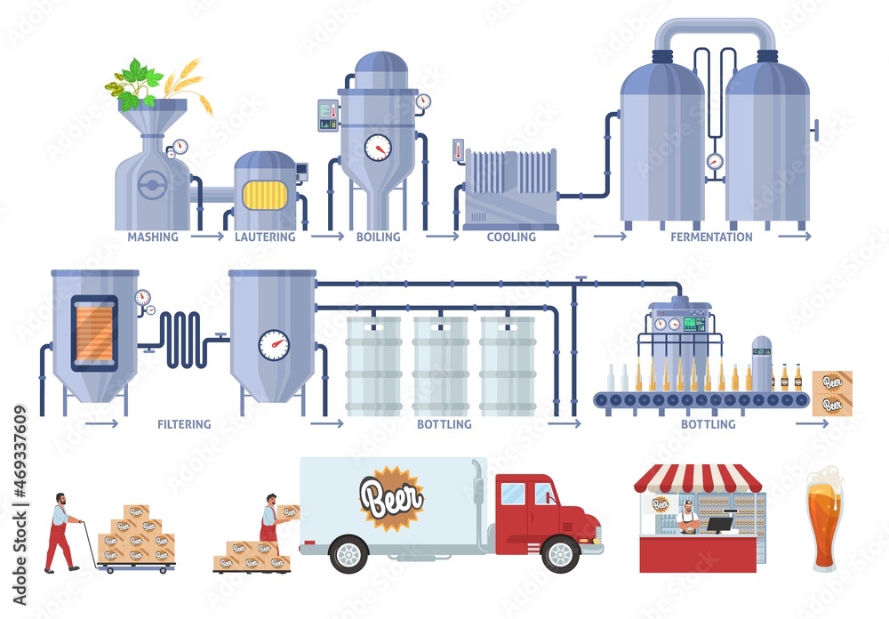 Beer production process vector infographic. Brewery beer production ...
