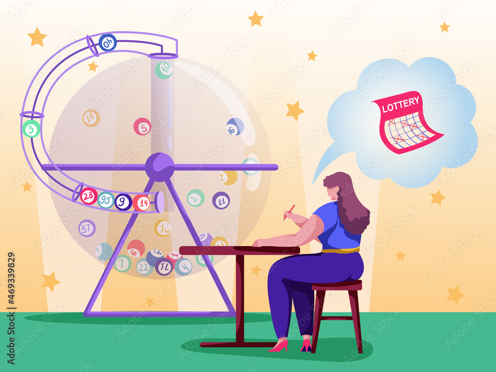 Happy woman play, win, spin lottery machine for lucky jackpot prize ...