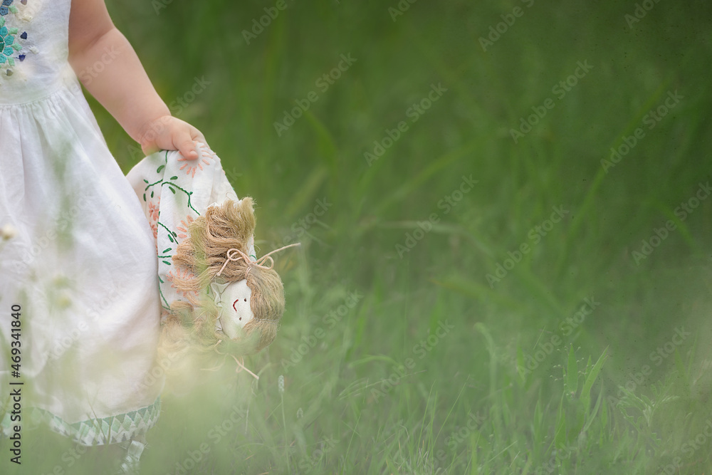 Young girl Holding Baby Doll Sweet Hand Fingers Grass Babydoll Stock ...