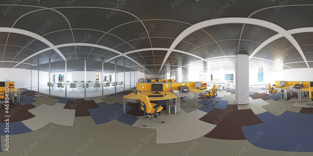 Pano VR 360 °, large office with desk and meeting room, 3d rendering ...