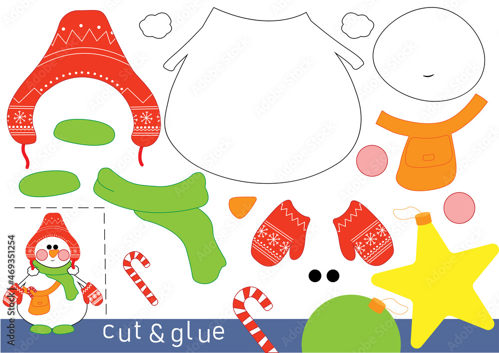 Vector snowman in scarf and gloves. Paper educational game for kids ...