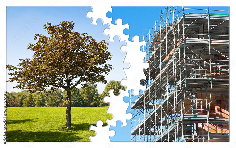 Building a new city - construction industry concept with a rural scene ...